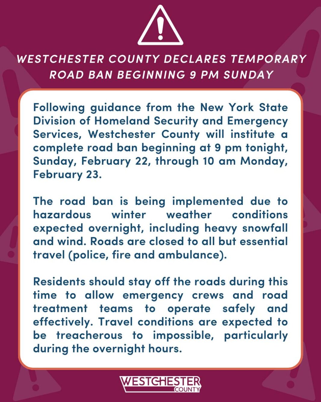 Westchester County Declares Temporary Road Ban -Sunday 9pm-Monday 10am ...