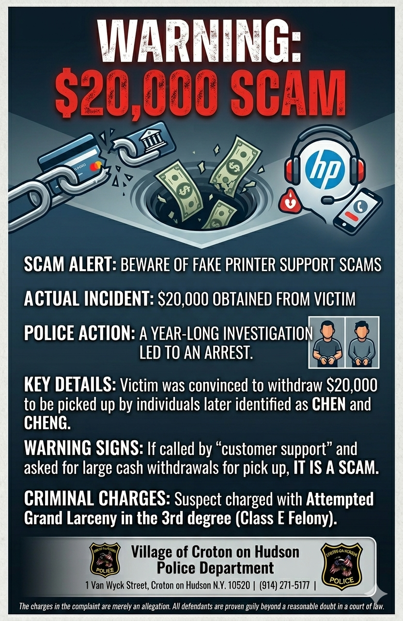 Croton Police Arrest Man for $20,000 Fake Printer Scam | Yonkers Times